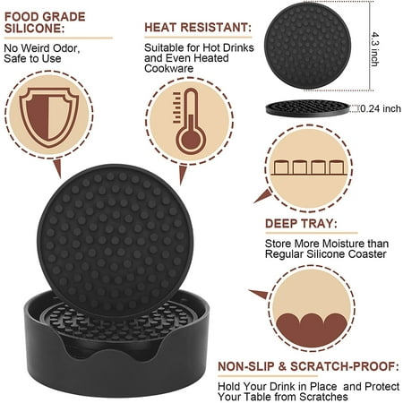 Silicone Coasters, Rubber Coasters Set of 6 with Holder, Black Coasters ...