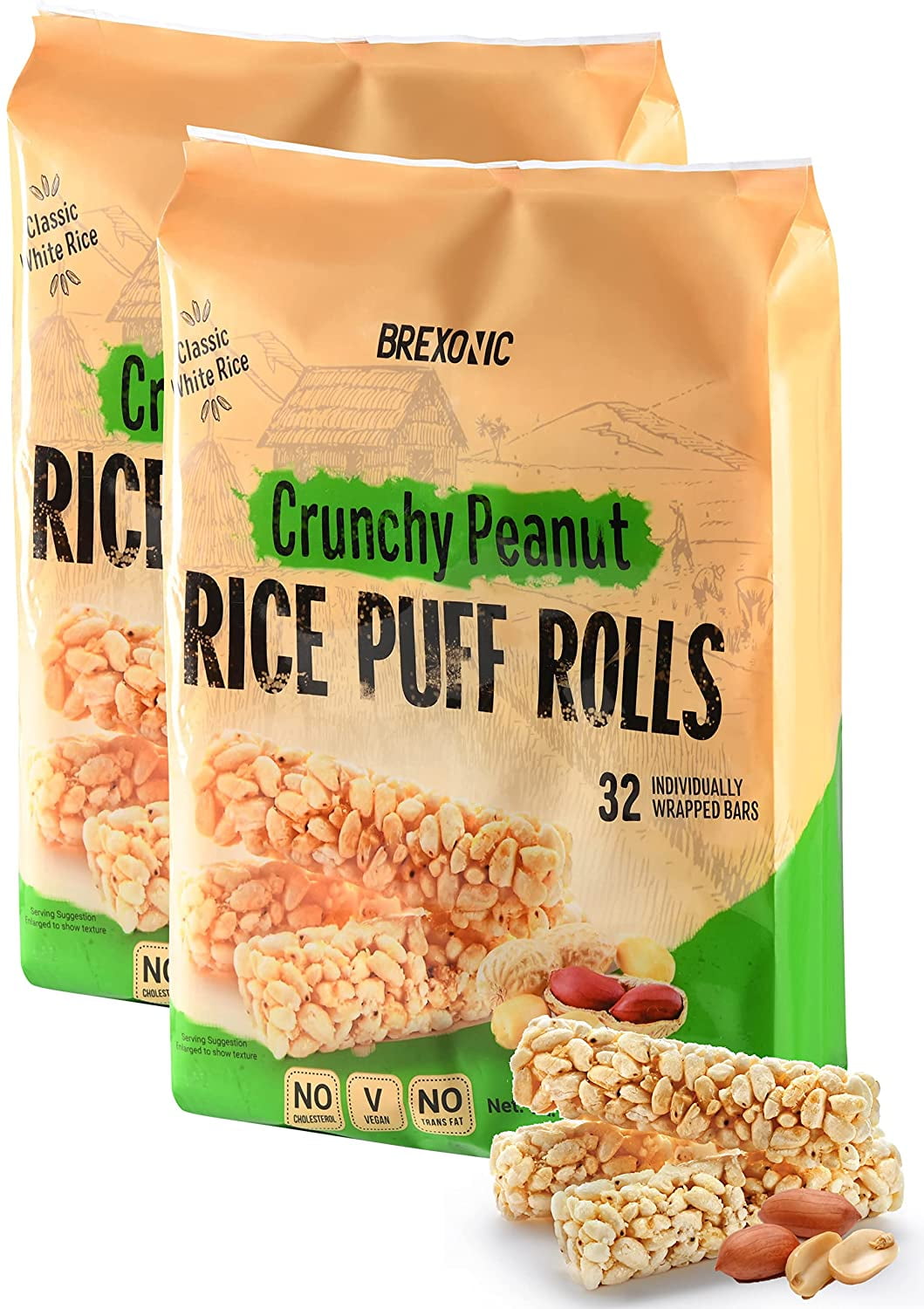 Rice Puff Rolls 32 Bars Peanut Flavored Vegan Snacks for Adults and ...