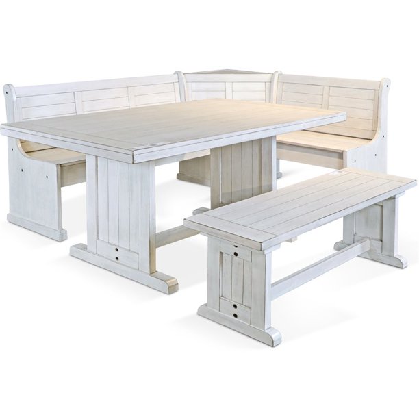 Pemberly Row Farmhouse Wood Breakfast Nook Set in Marble White ...