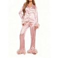Bright Pink 2-Piece Satin Lounge Set With Feather Trim Long Sleeve ...