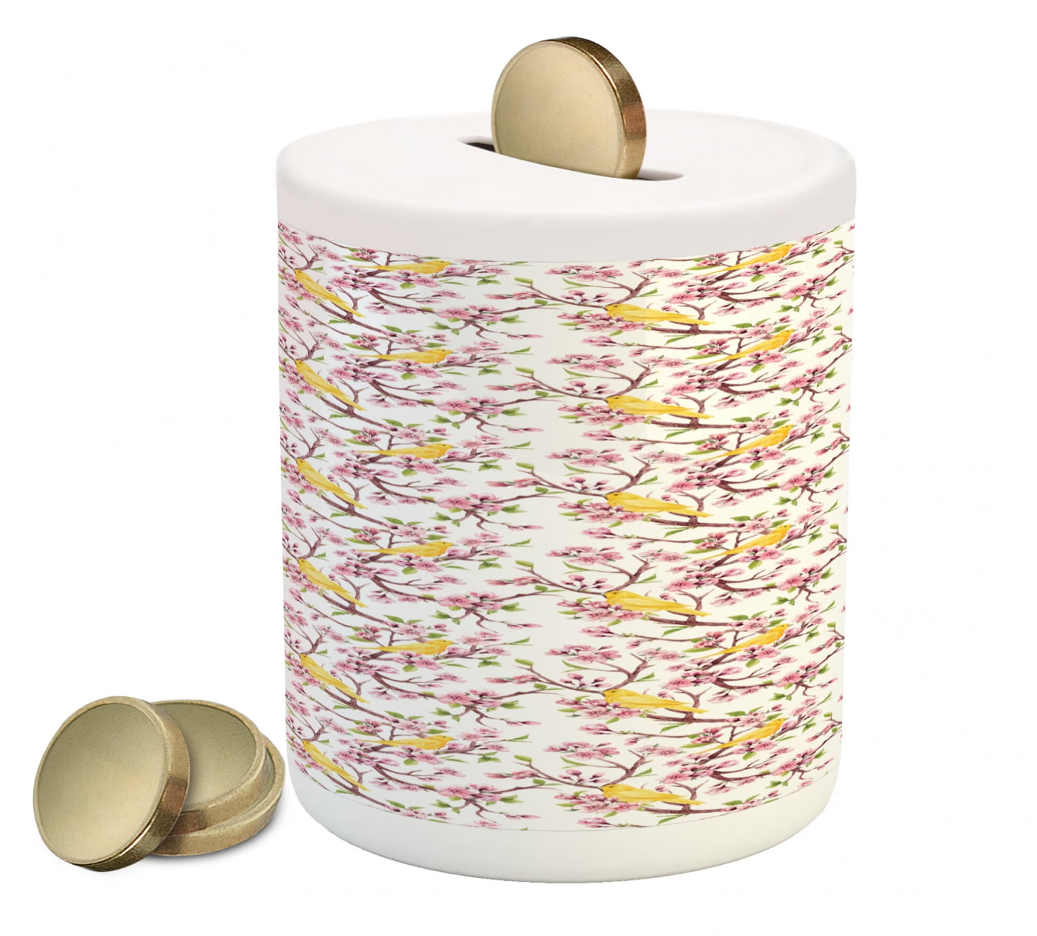 Cherry Blossom Piggy Bank, Spring Concept Sparrow on Freshly Blooming ...