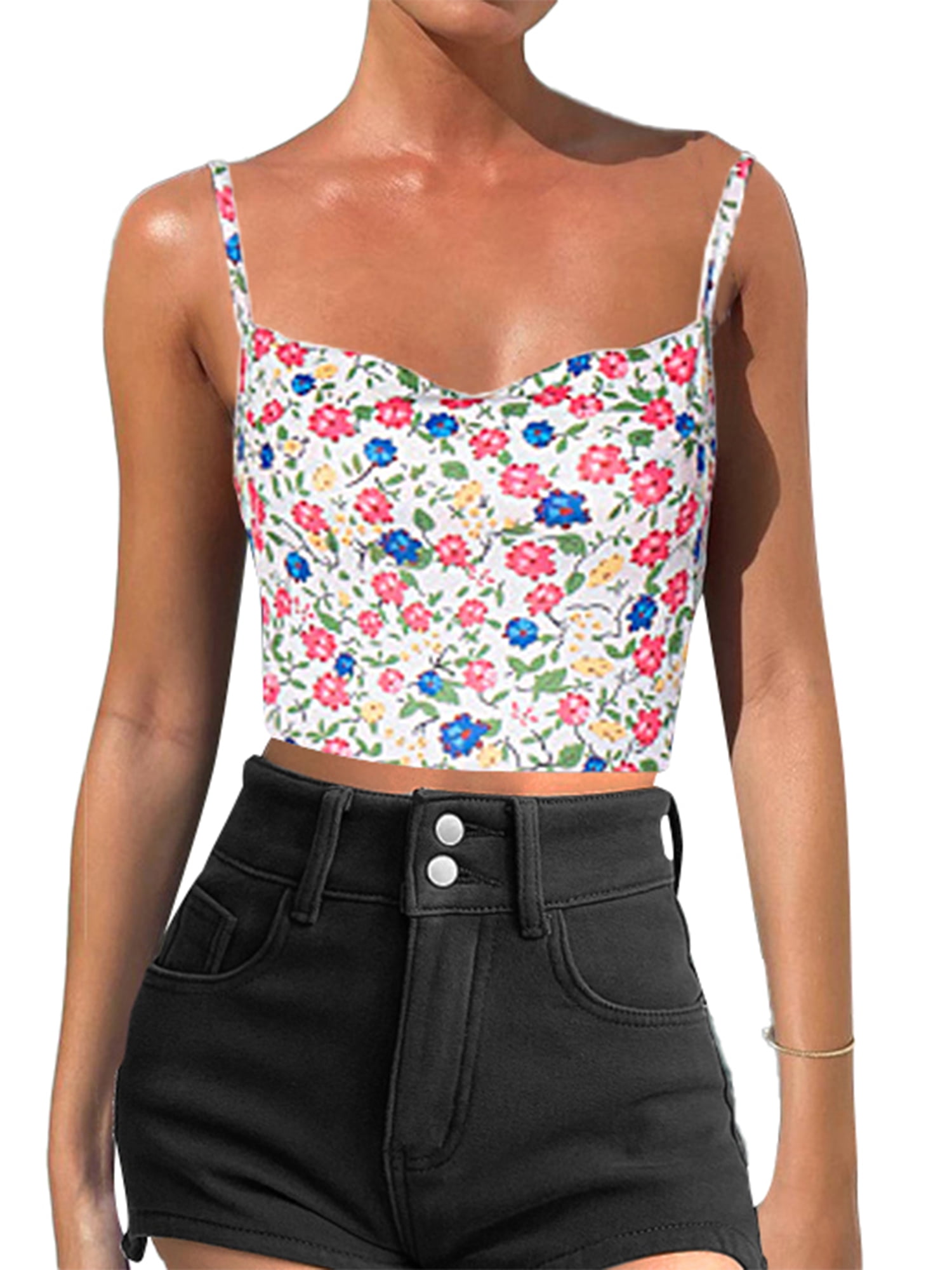 TOPGOD Women's Floral Printed Backless Vest Tops Slim Casual Vintage ...