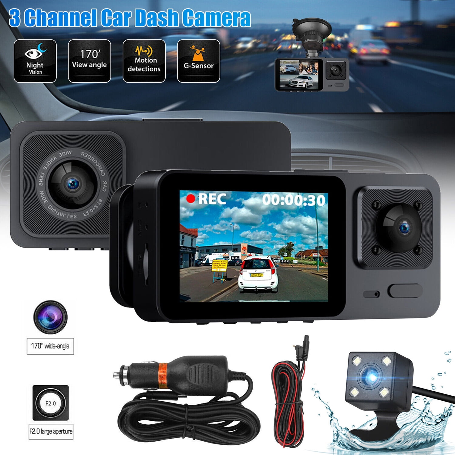 1080P Dash Camera for Cars Three Way Triple Car Camera with IR Night ...