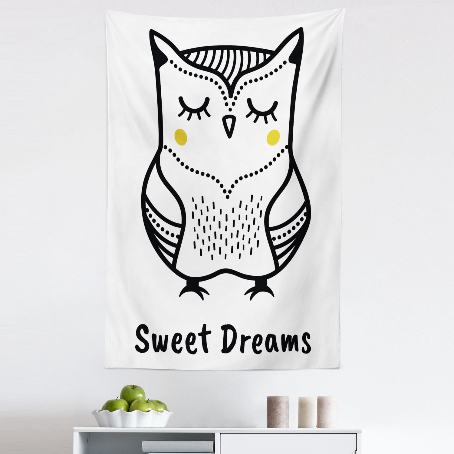 Saying Tapestry, Hand Drawn Monochrome Owl Doodle Composition with Dots ...