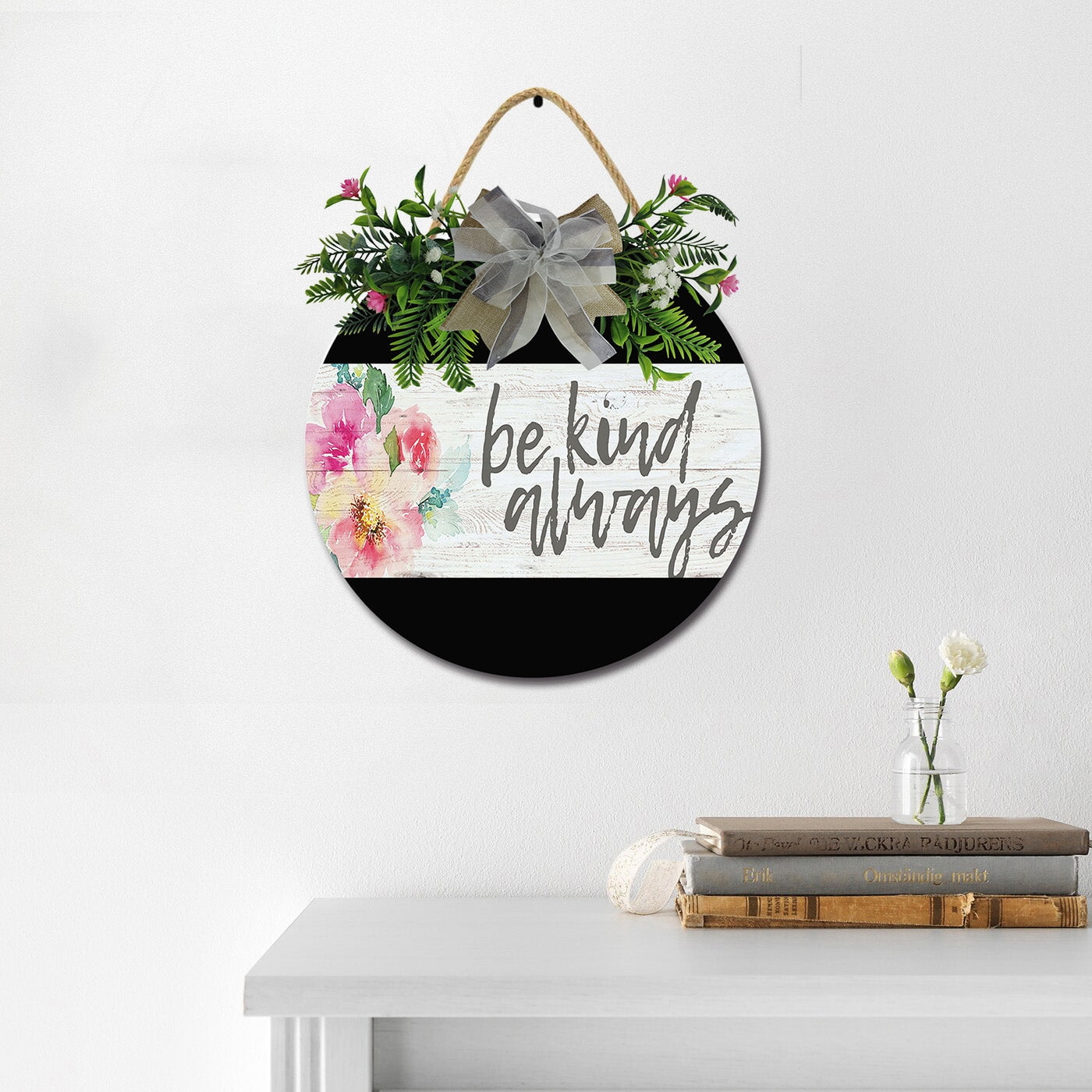 Eveokoki Be Kind Always Wooden Front Door Sign Rustic Round Wreath Wall ...