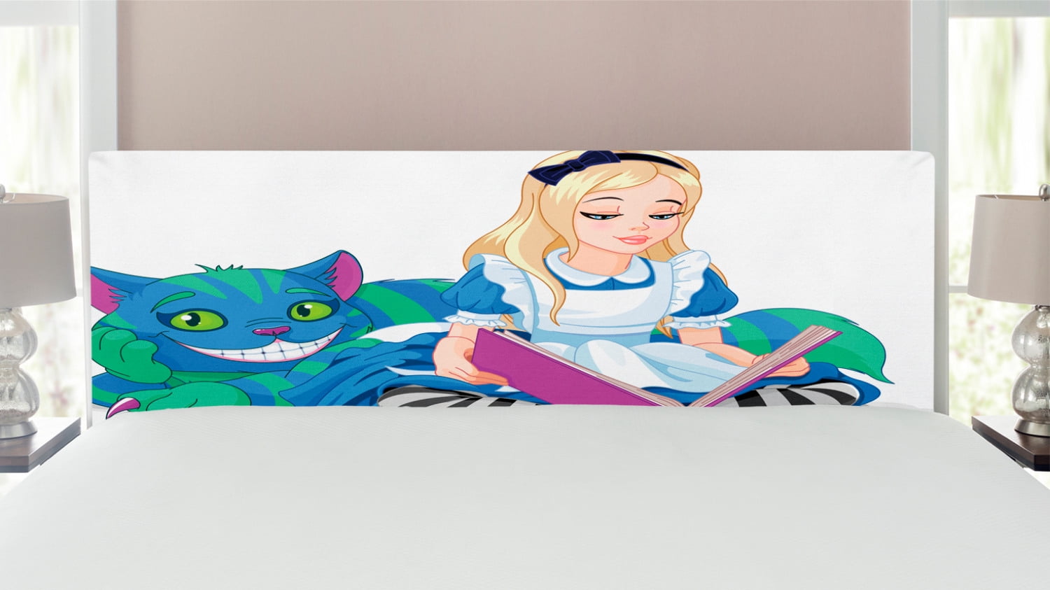 Alice in Wonderland Headboard, Alice Reading Book Cat Colorful World ...