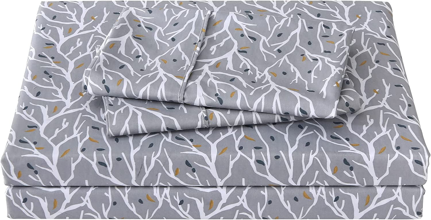 softan Full Sheet Set Printed Bed Sheets with Grey Branch Pattern - 4 ...