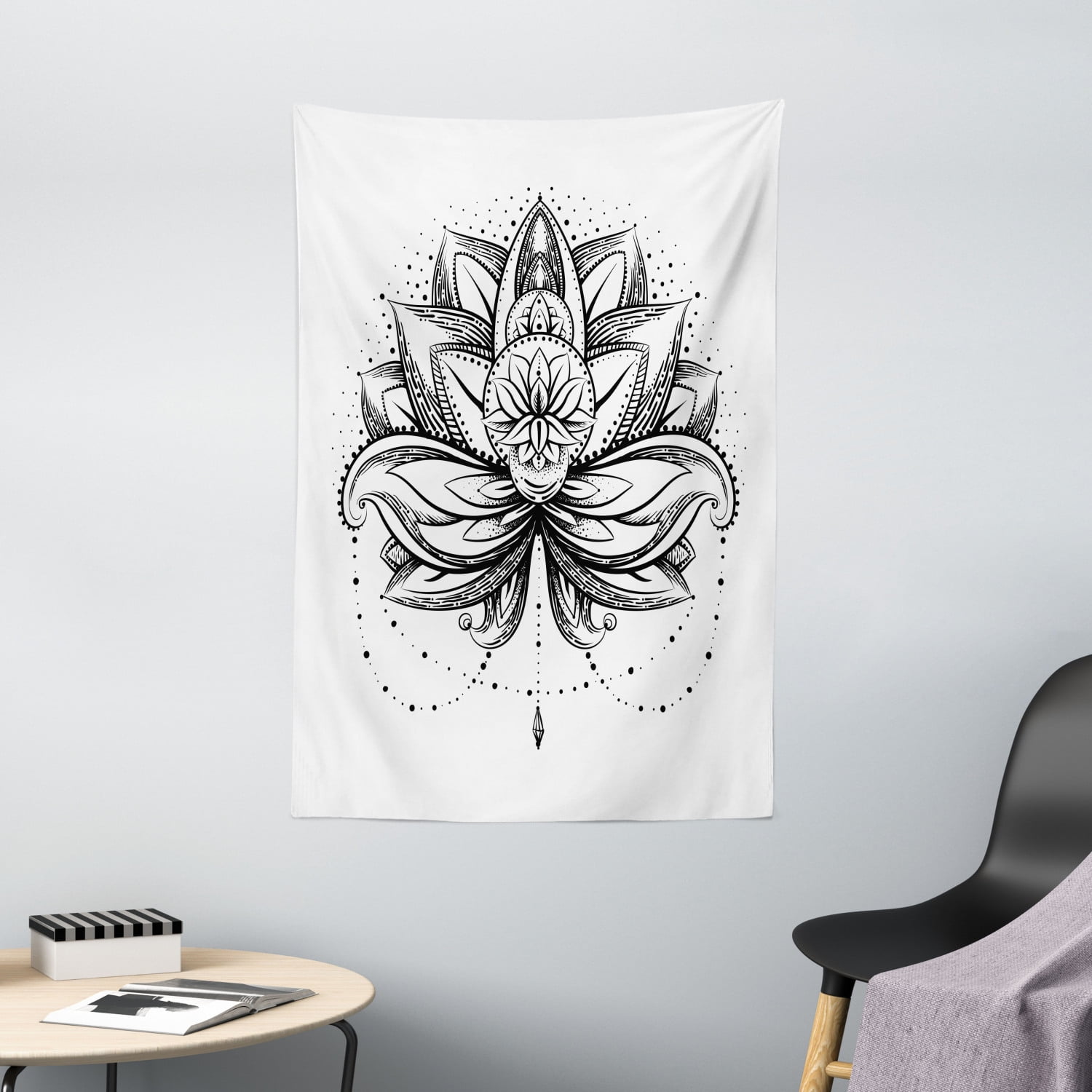 Lotus Tapestry, Tribal Tattoo Style Lotus Petal with Dots Shadow ...