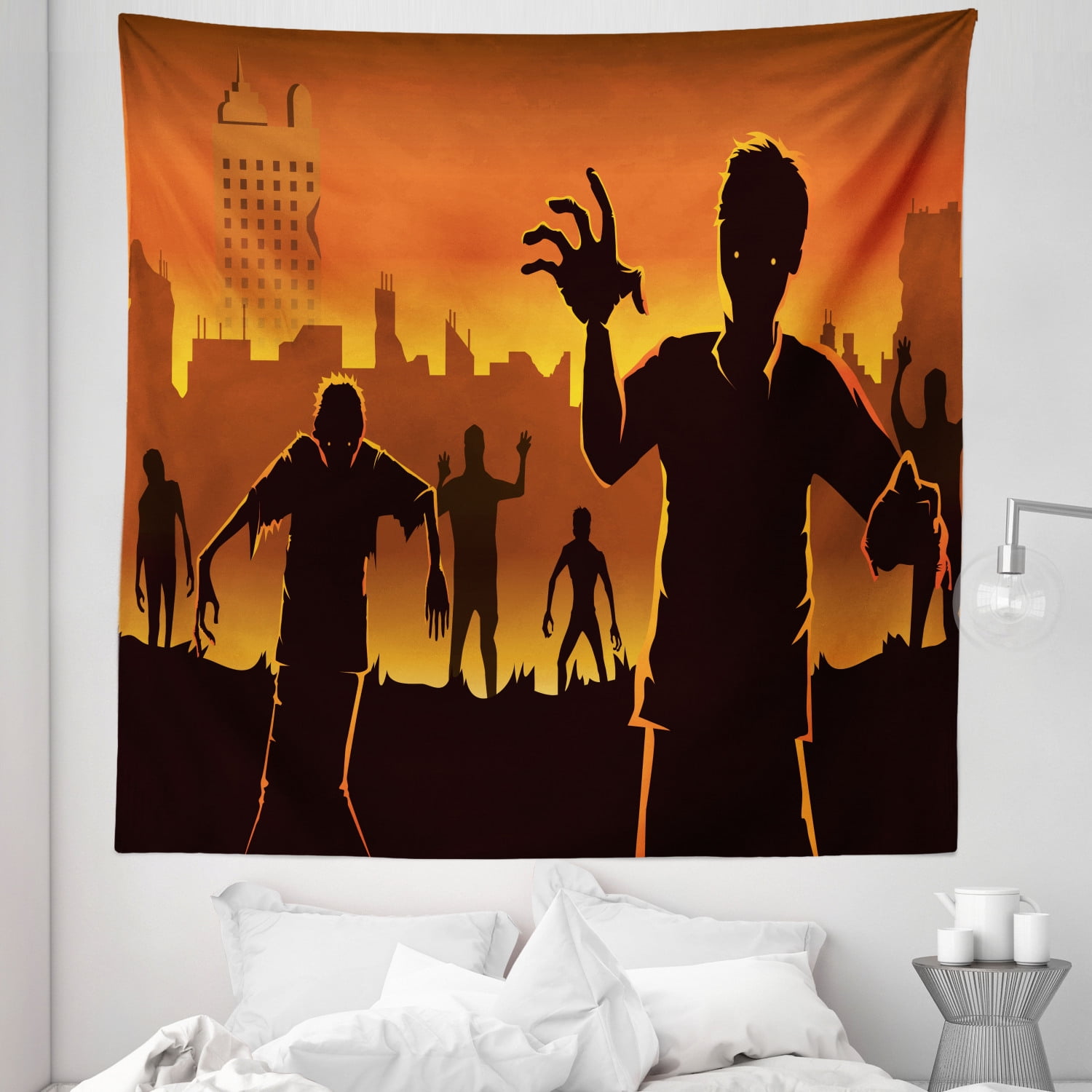 Zombie Tapestry, Zombie Walking out of an Abandoned City Silhouettes ...