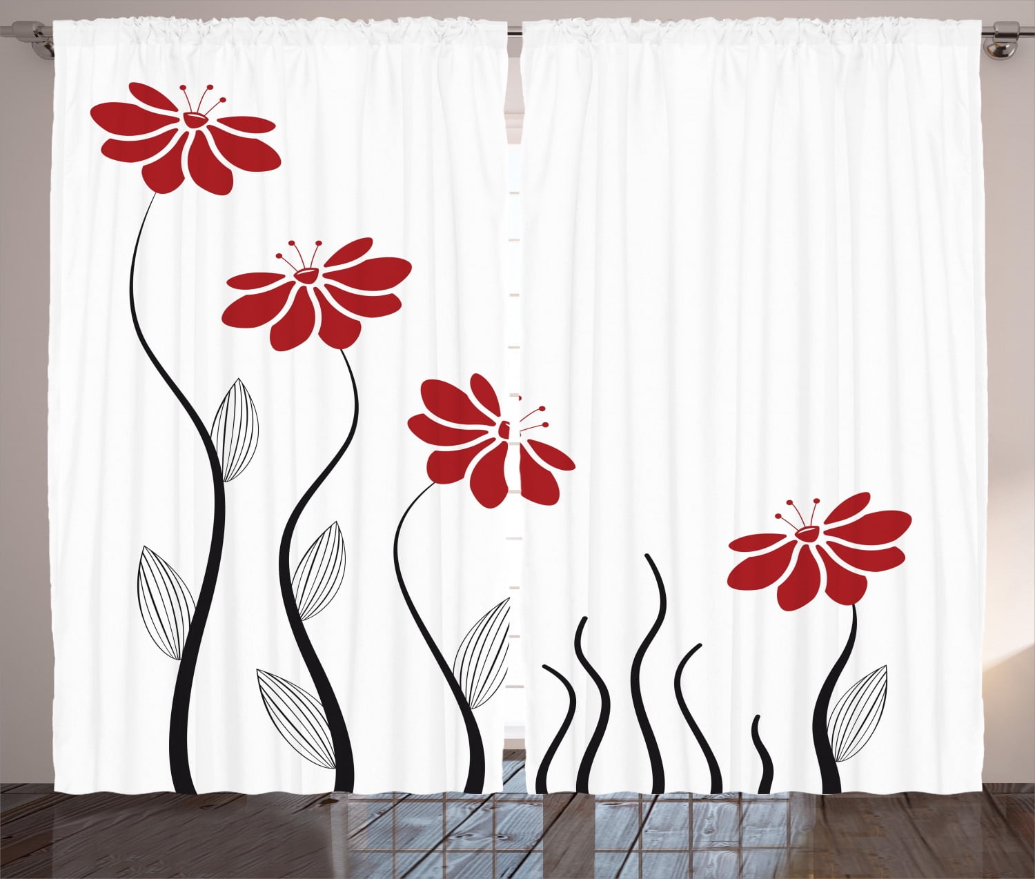 Flower Curtains 2 Panels Set, Floral Petals with Striped Leaves and ...