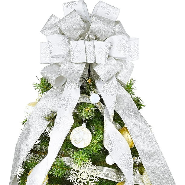 White Christmas Tree Topper, 40x13 Inches Toppers Bow with Glitter ...