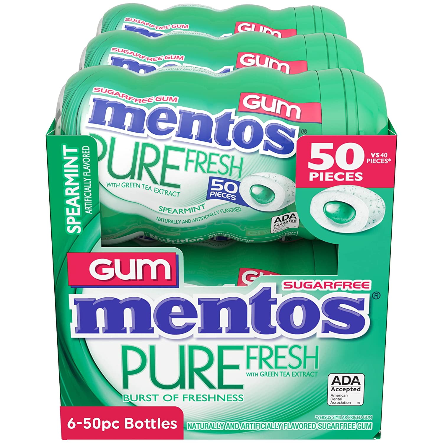 Mentos Pure Fresh Sugar Free Spearmint Chewing Gum, 50pc (6 Bottles ...