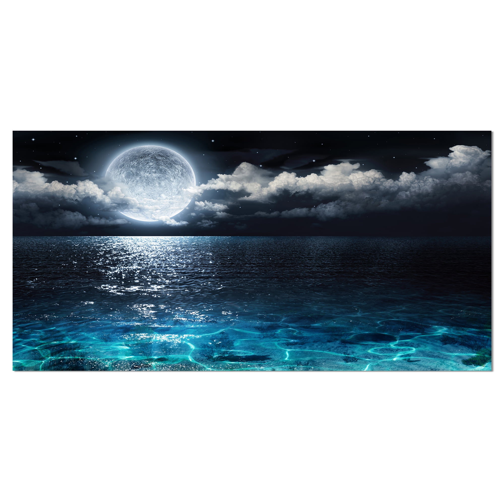 Designart 'Romantic Full Moon Over Sea ' Seascape Canvas Art Print ...