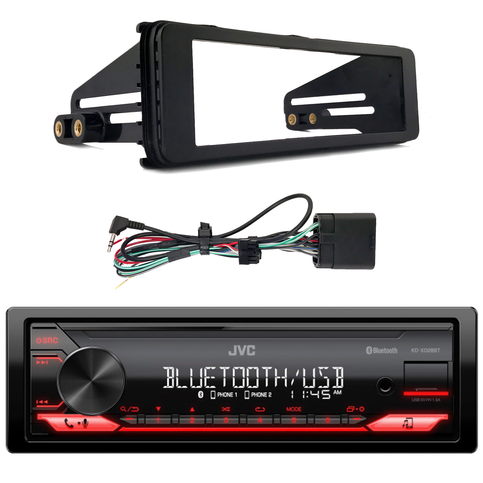 JVC KD-XD28BT Single DIN AM/FM Radio Stereo USB AUX Bluetooth Digital Media Receiver Bundle ...