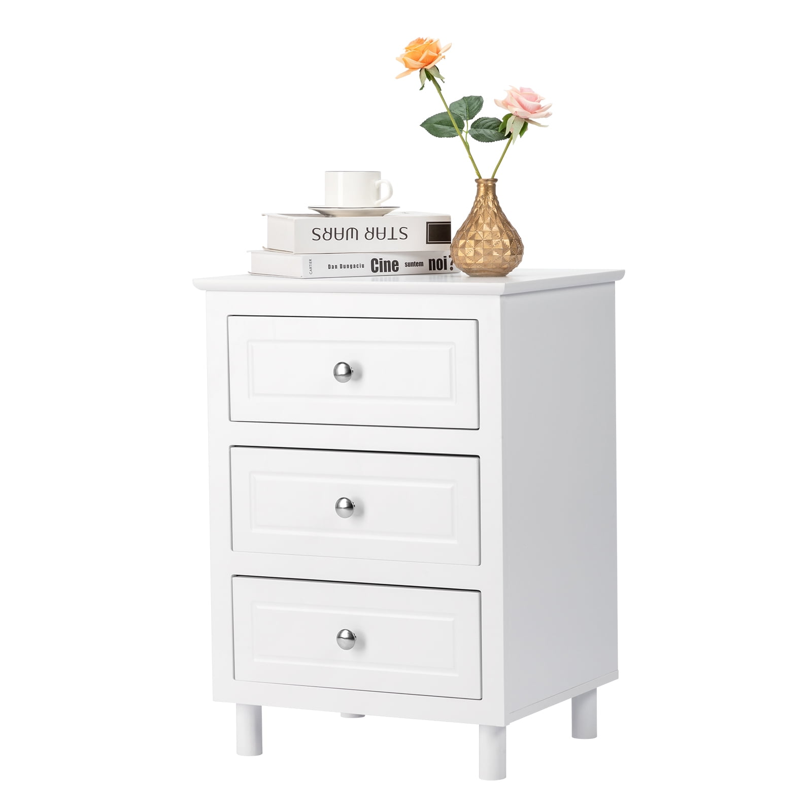GZXS Modern White Bedside Table with 3 Drawers, Wooden Storage ...