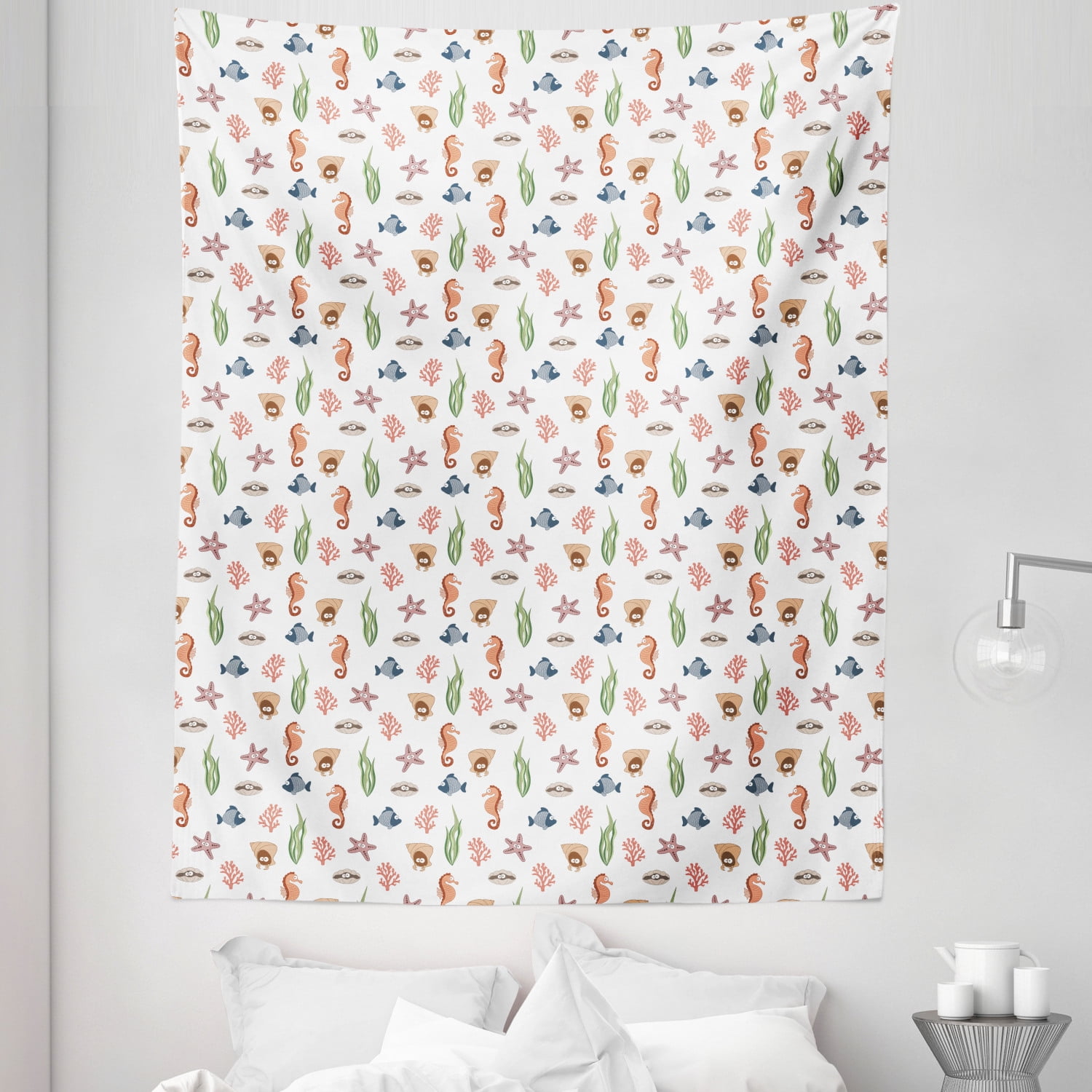 Sea Life Tapestry, Colorful Various Sea Creatures and Plants Doodle ...