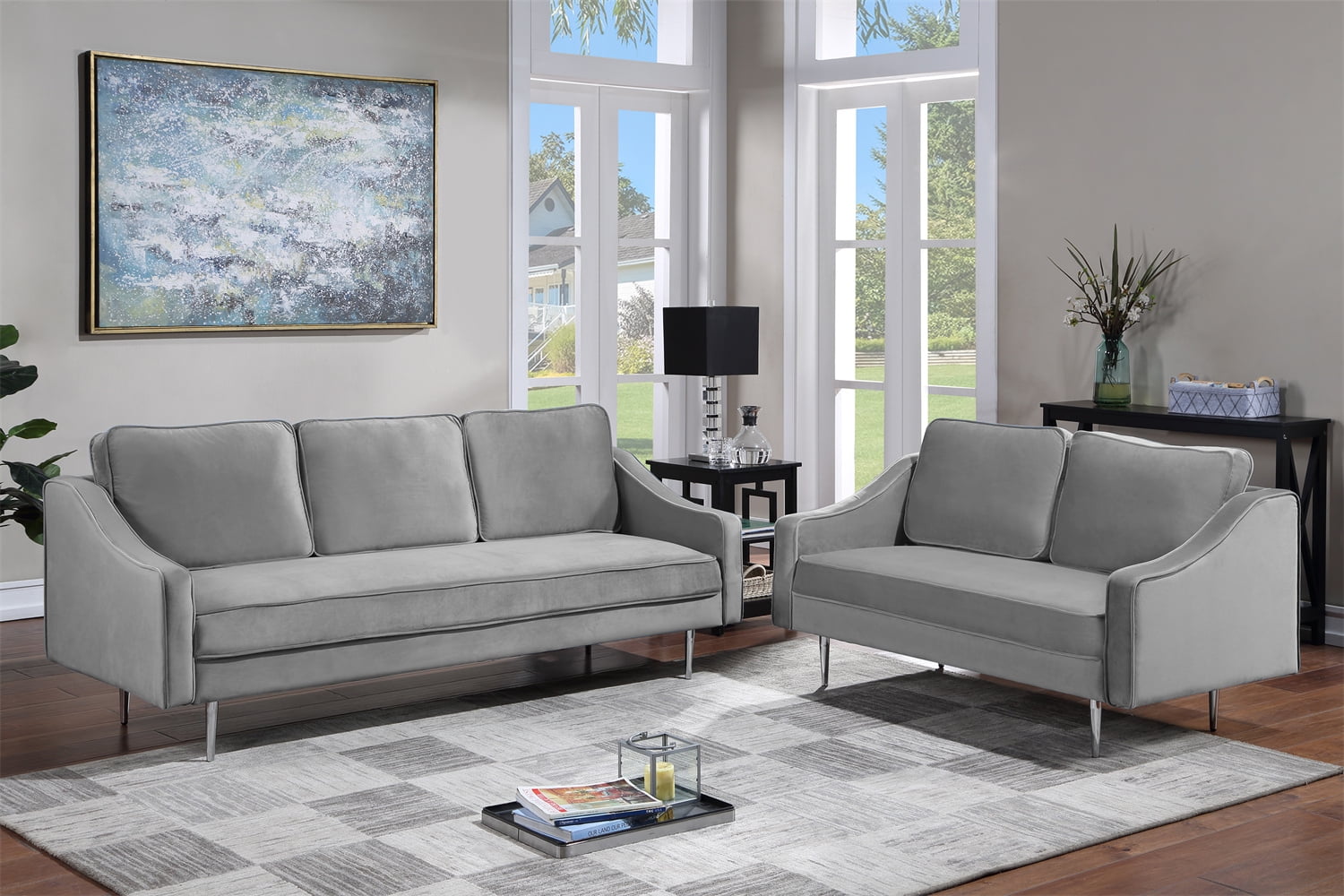 Sofa and Loveseat Set, 2 Piece Modern Velvet Living Room Couch ...