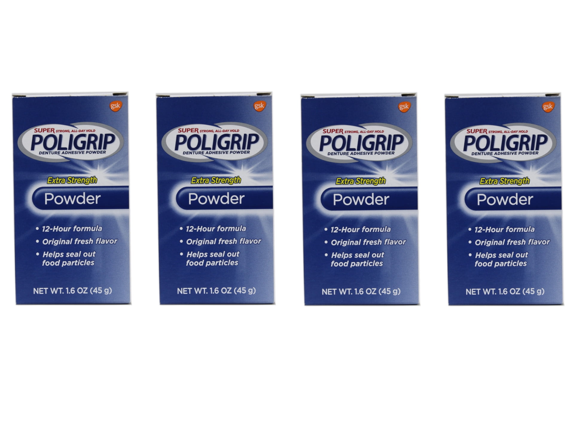 4 Pack Super Poligrip Extra Strength 12h Denture Adhesive Powder, 1.6 ...