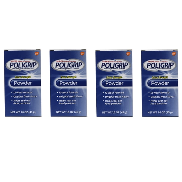 4 Pack Super Poligrip Extra Strength 12h Denture Adhesive Powder, 1.6 ...