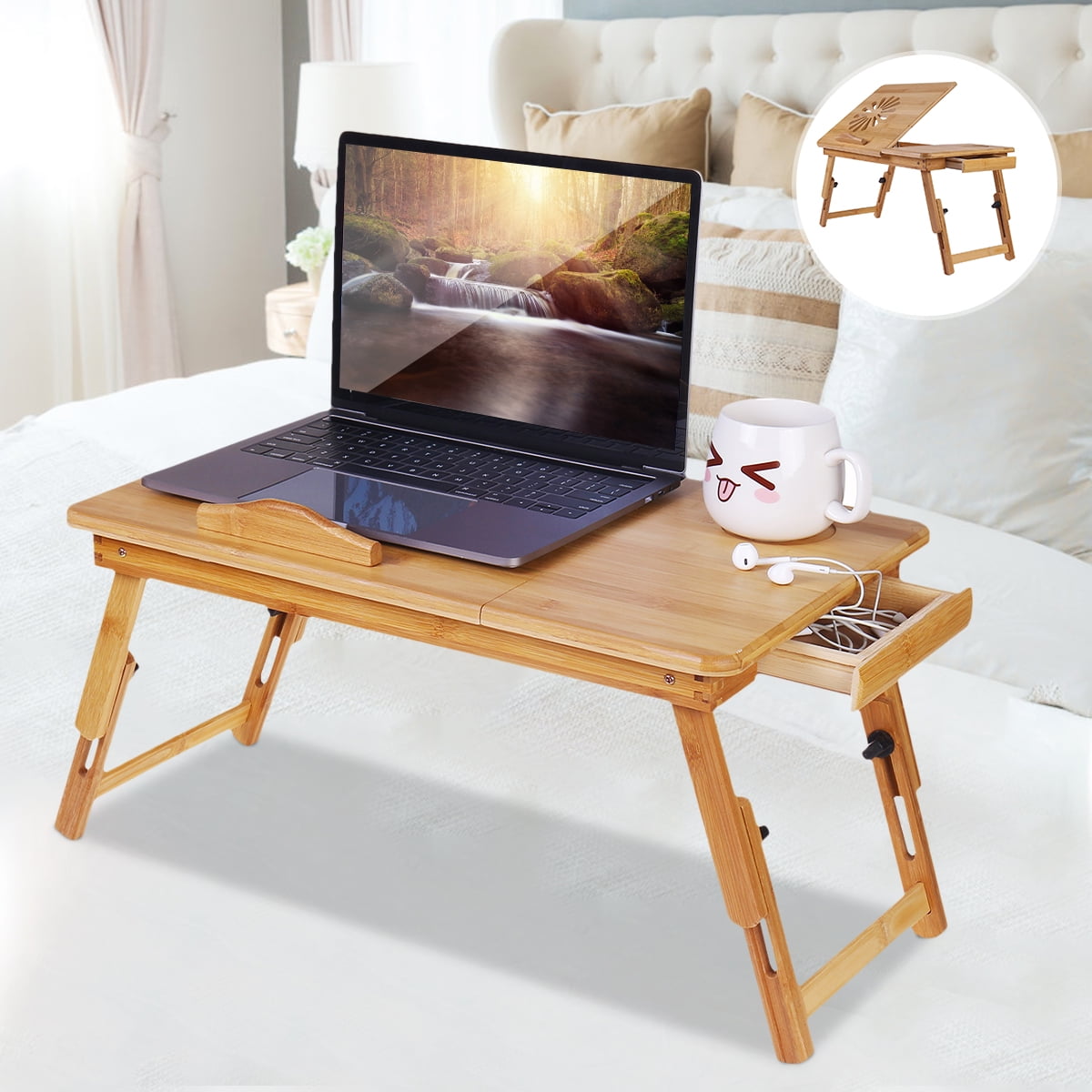 M/L Bamboo Folding Laptop Desk Adjustable Breakfast Serving Tray Bed ...