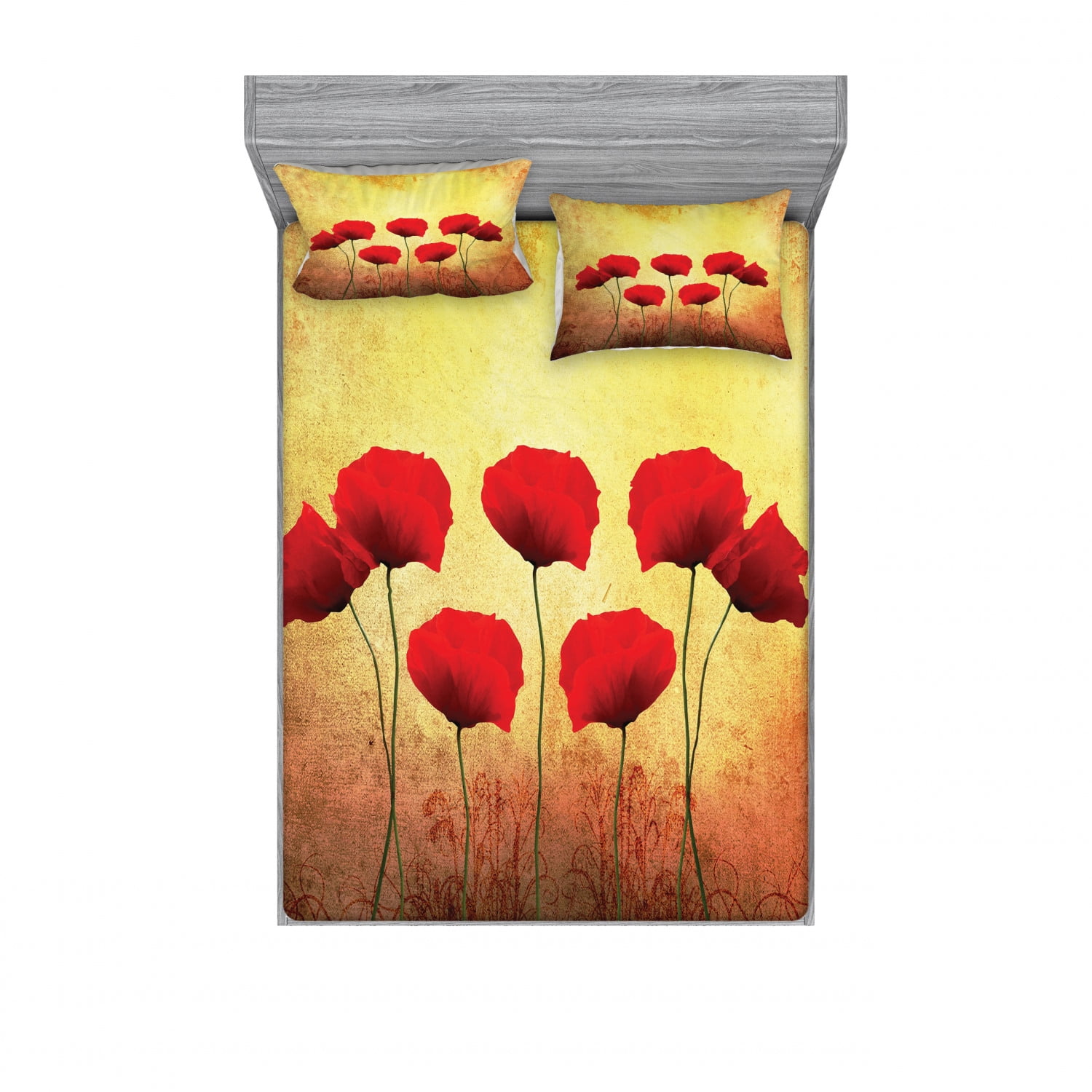 Poppy Bedding Set with Sheet & Covers, Poppies on Old Aged Retro ...