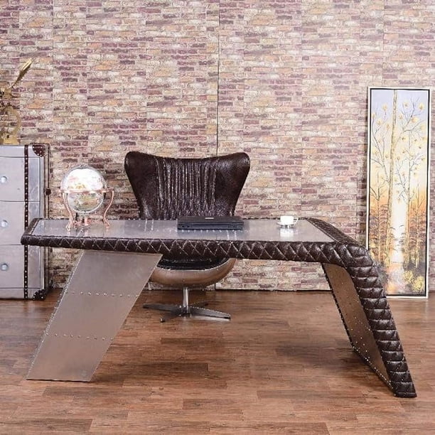 Nauticalmart Aviator Wing Desk with Storage Aluminum and Leather Office ...