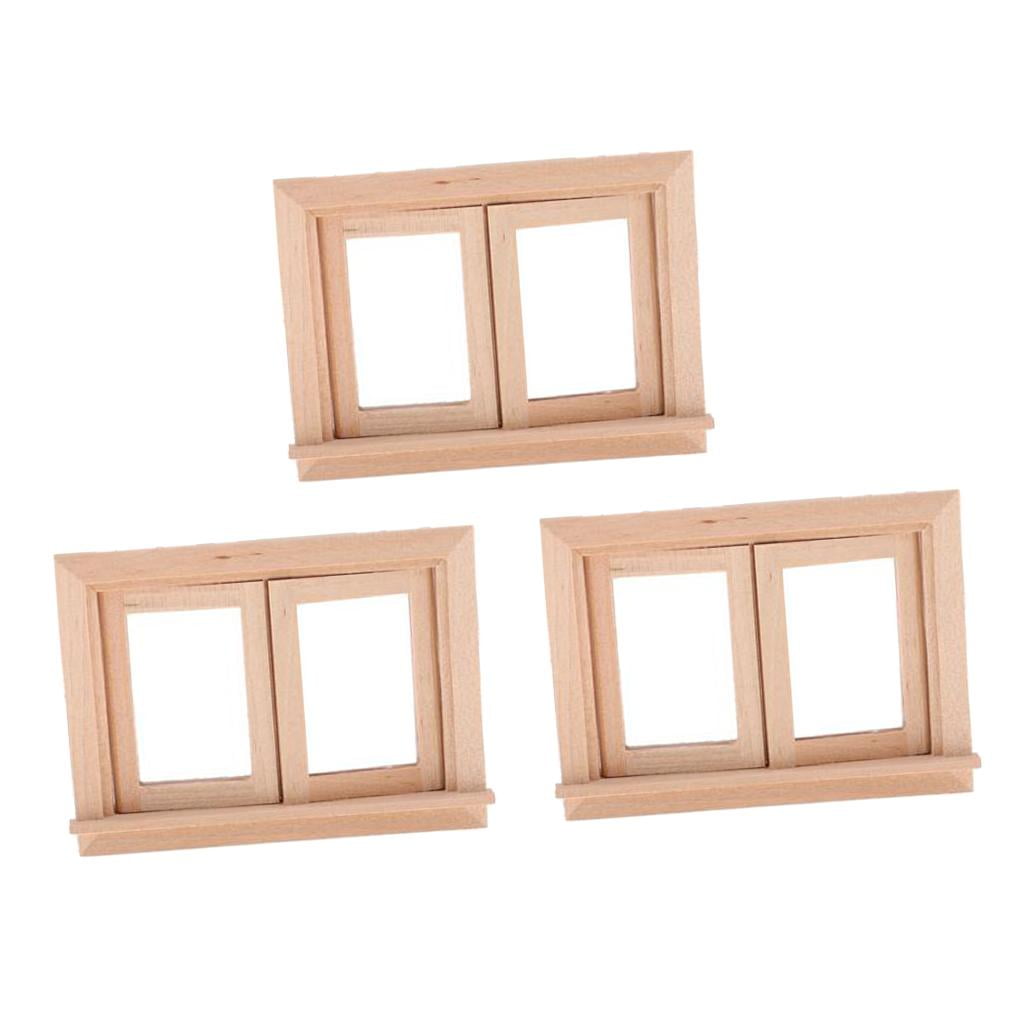 3 Pieces Retro 1/12 Dollhouse DIY Accessories Unpainted 2-Pane Window ...