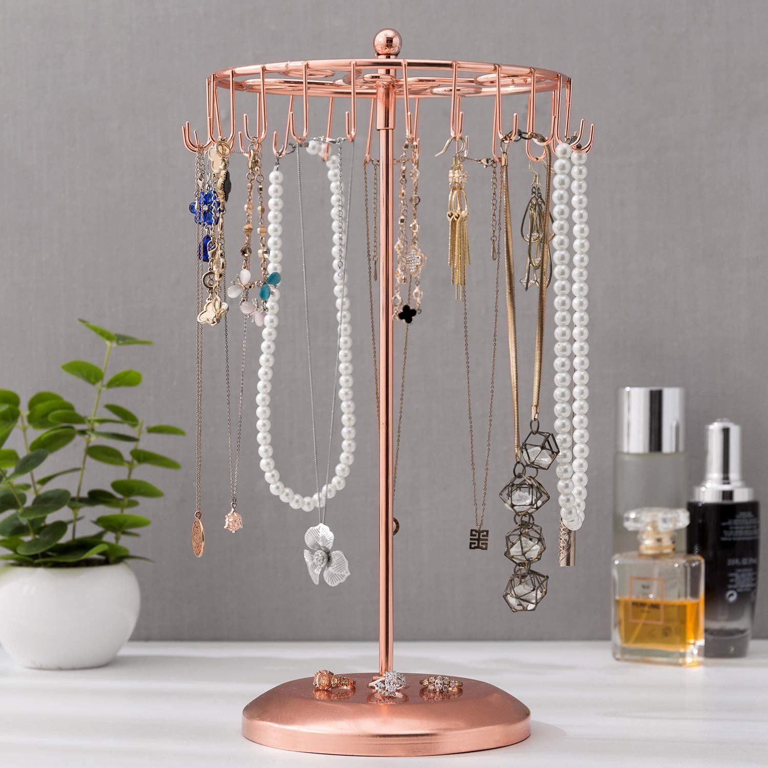MyGift 14-Inch Copper-Tone 24 Hook Necklace Tower with Rose Gold ...