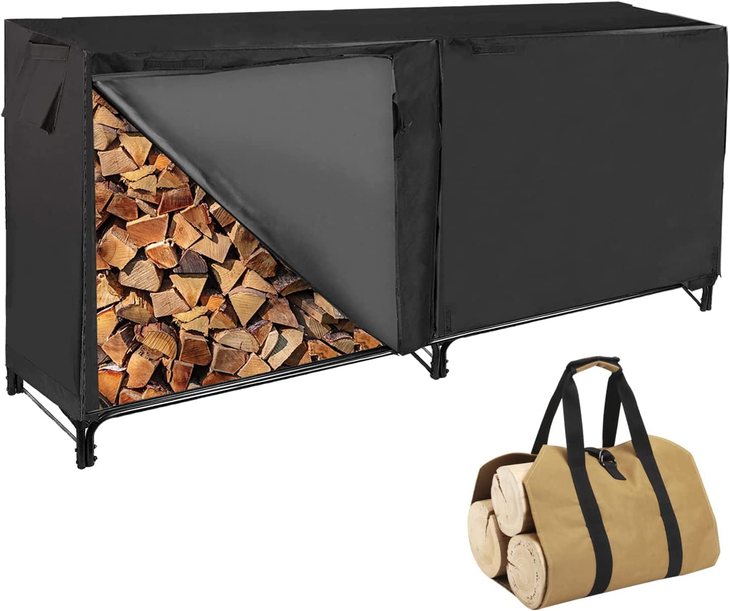 8ft Outdoor Indoor Firewood Log Rack with Waterproof Cover and Log ...