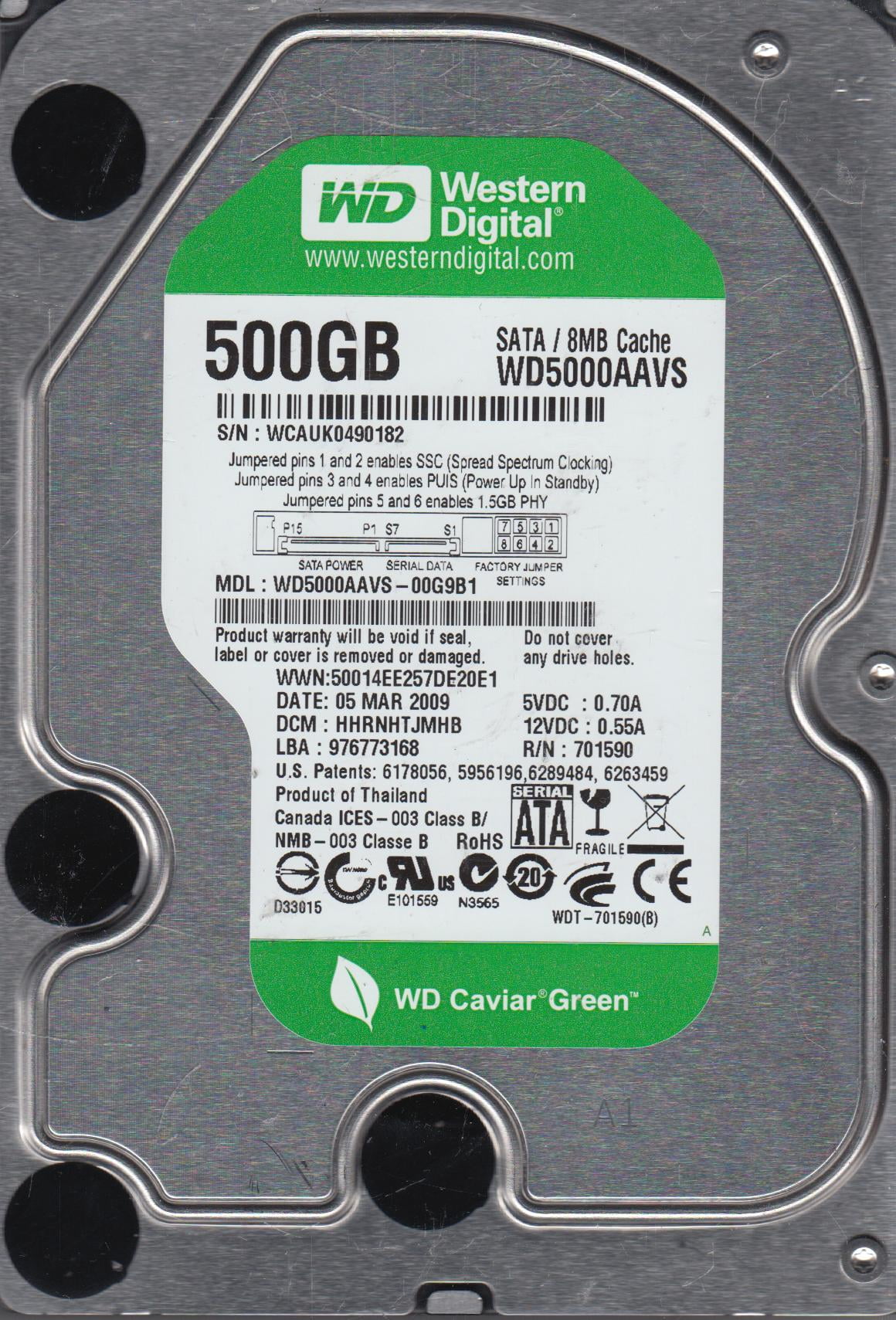 WD5000AAVS-00G9B1, DCM HHRNHTJMHB, Western Digital 500GB SATA 3.5 Hard ...
