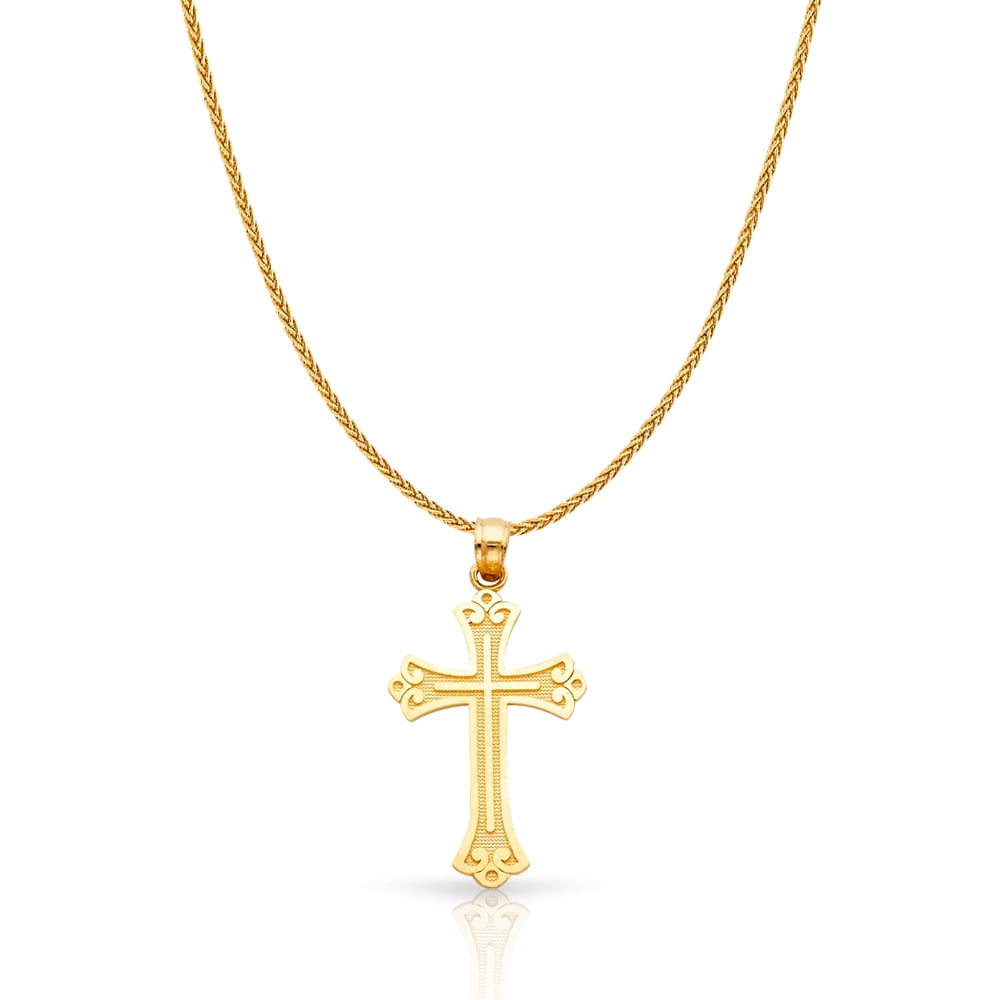 Ioka-14K Yellow Solid Gold Cross Charm Pendant with 1.1mm Wheat Chain Necklace - 20" - Walmart.com