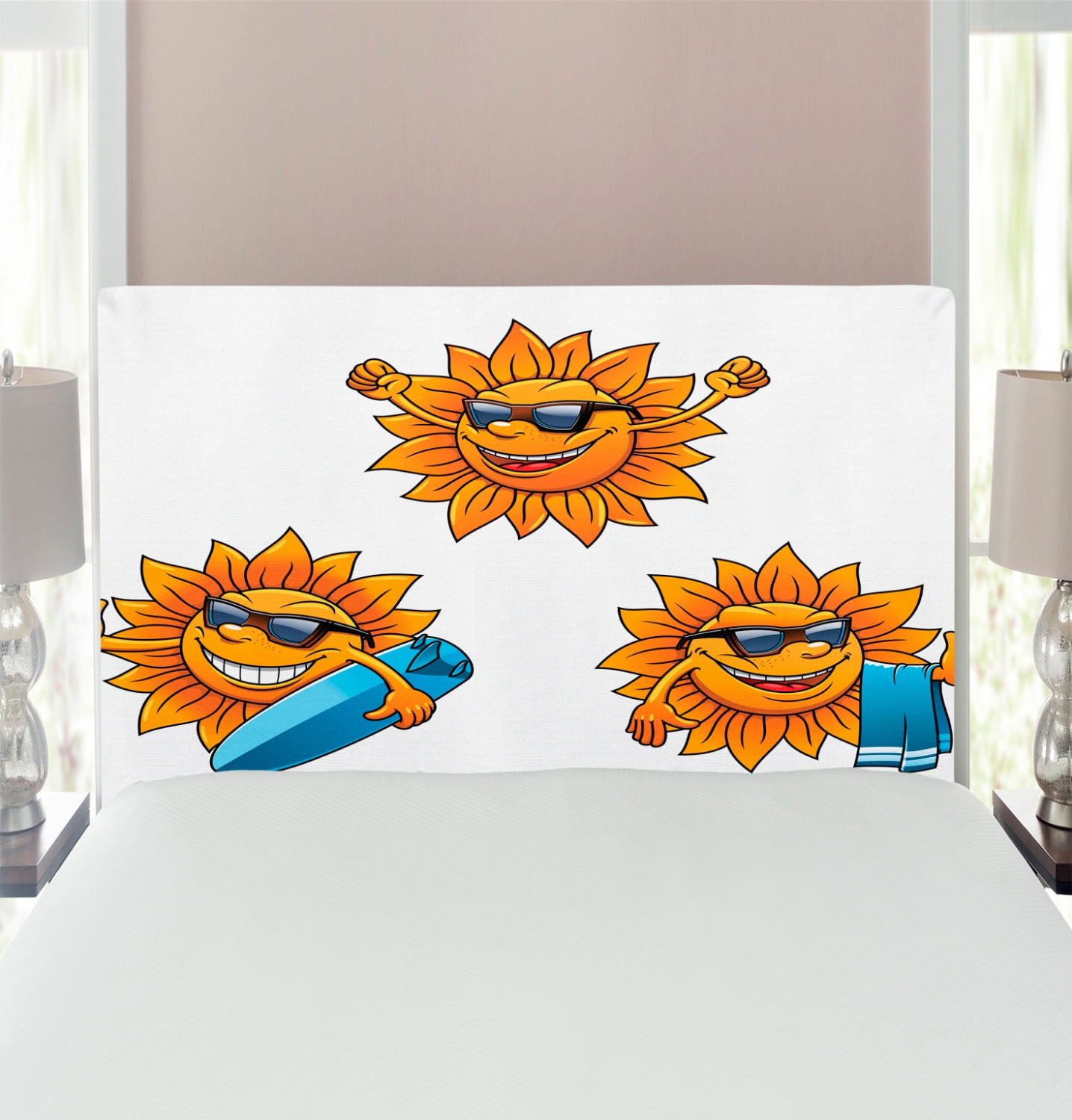 Cartoon Headboard, Surf Sun Characters Wearing Shades and Surfboards ...