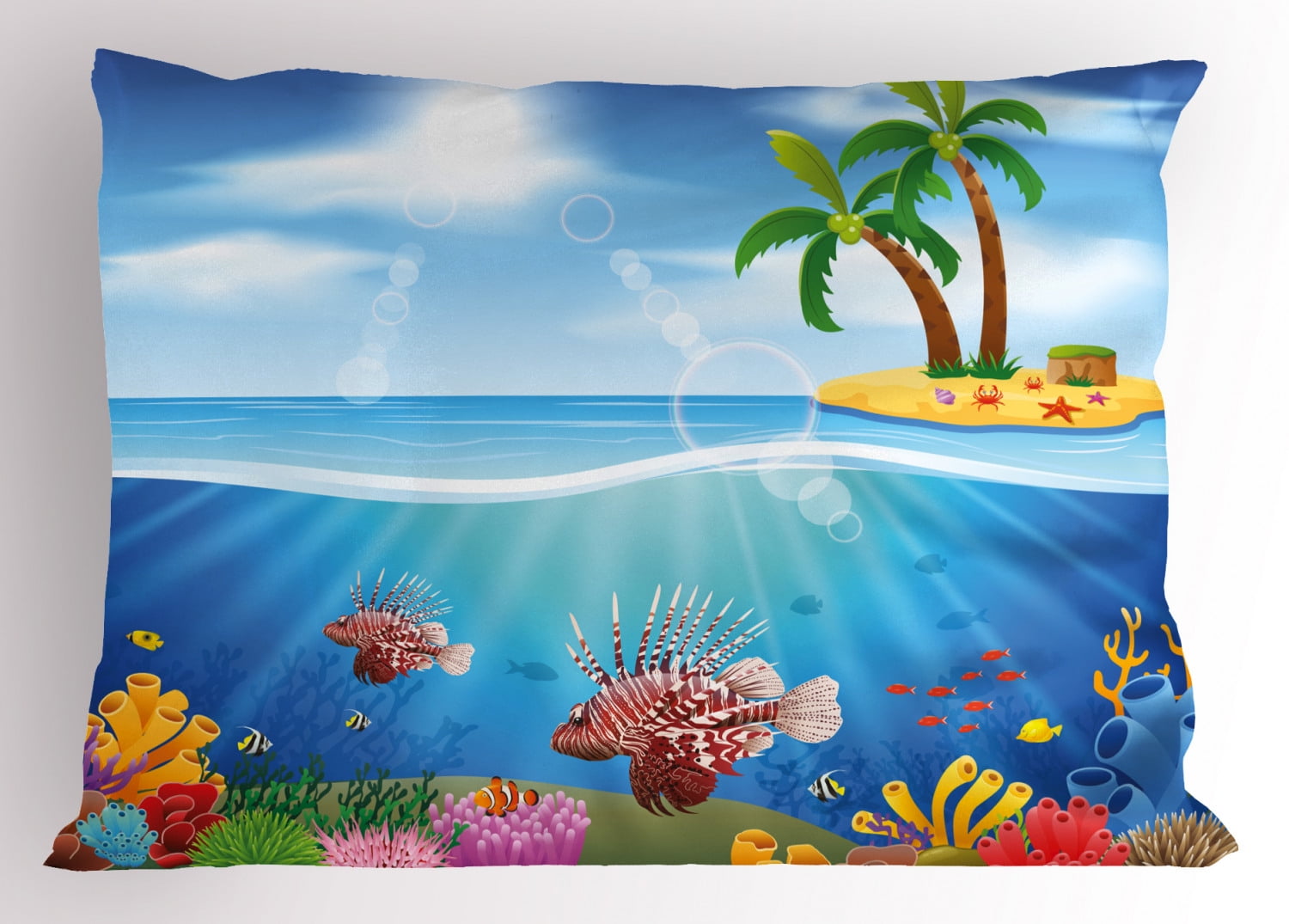 Sea Life Pillow Sham, Graphics of Lionfish and Coral Reefs in the Sea ...