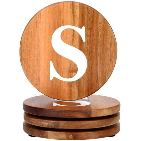 Wood Coasters Set, Natural Wooden letters Coasters for Drinks, Set of 4 ...