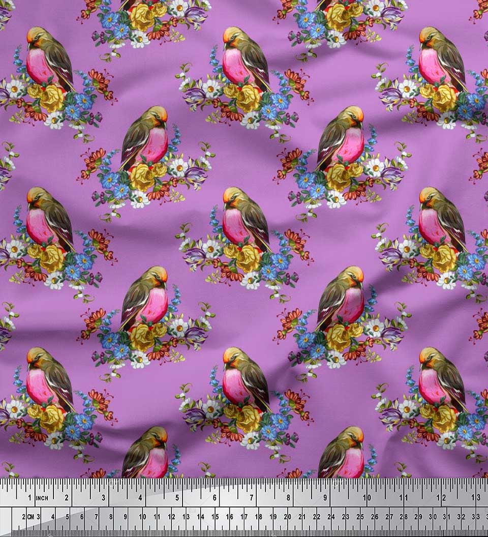 Soimoi Purple Poly Georgette Fabric Leaves,Floral & American Robin Bird ...