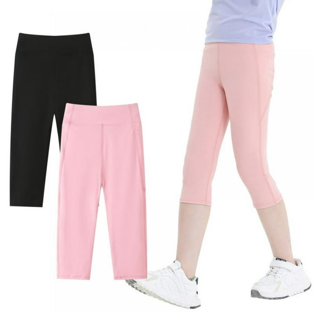 2 Packs Little Girls Summer Solid Leggings Capris 3/4 Pants with Pockets, SILVERCELL Big Girl ...