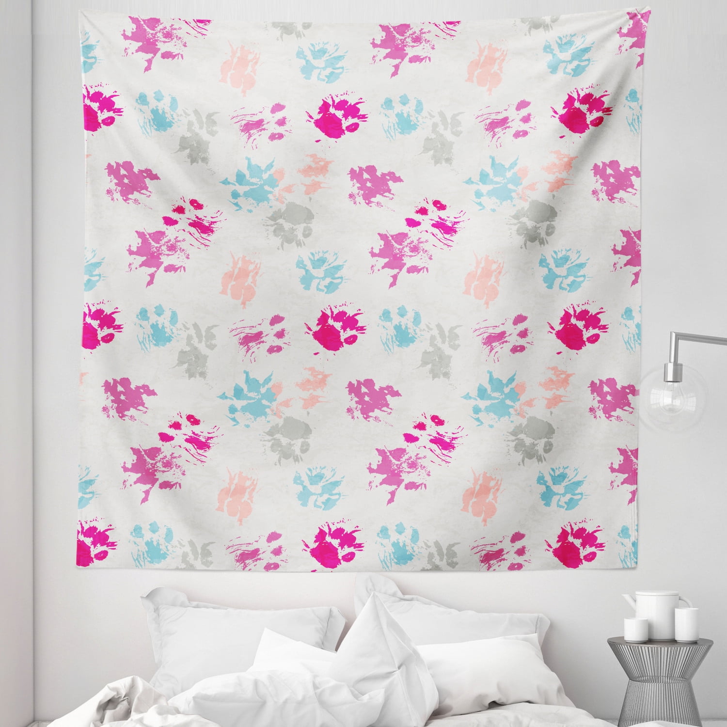 Blue Cat Tapestry, Funny Kitten Paw Traces Ink Prints Messy Paint on ...