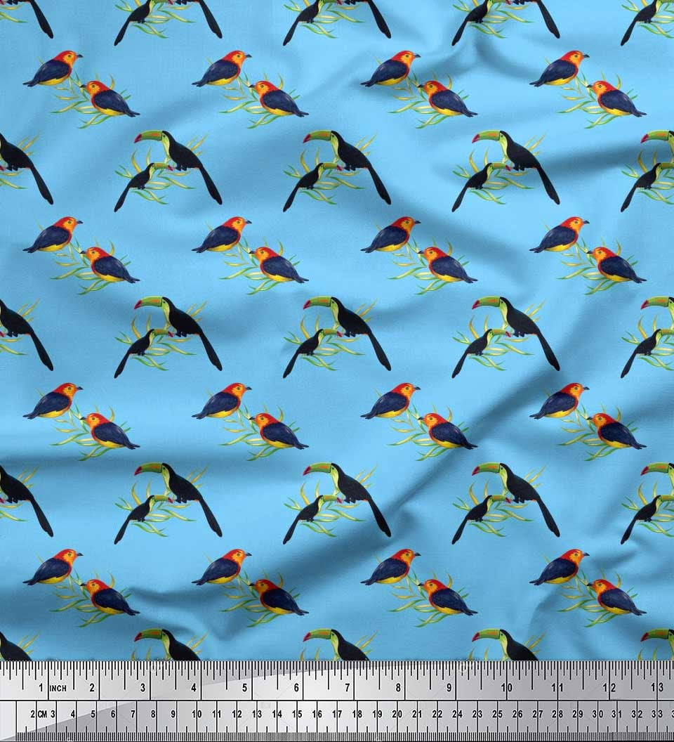 Soimoi Blue Japan Crepe Satin Fabric Leaves,American Robin & Toucan ...