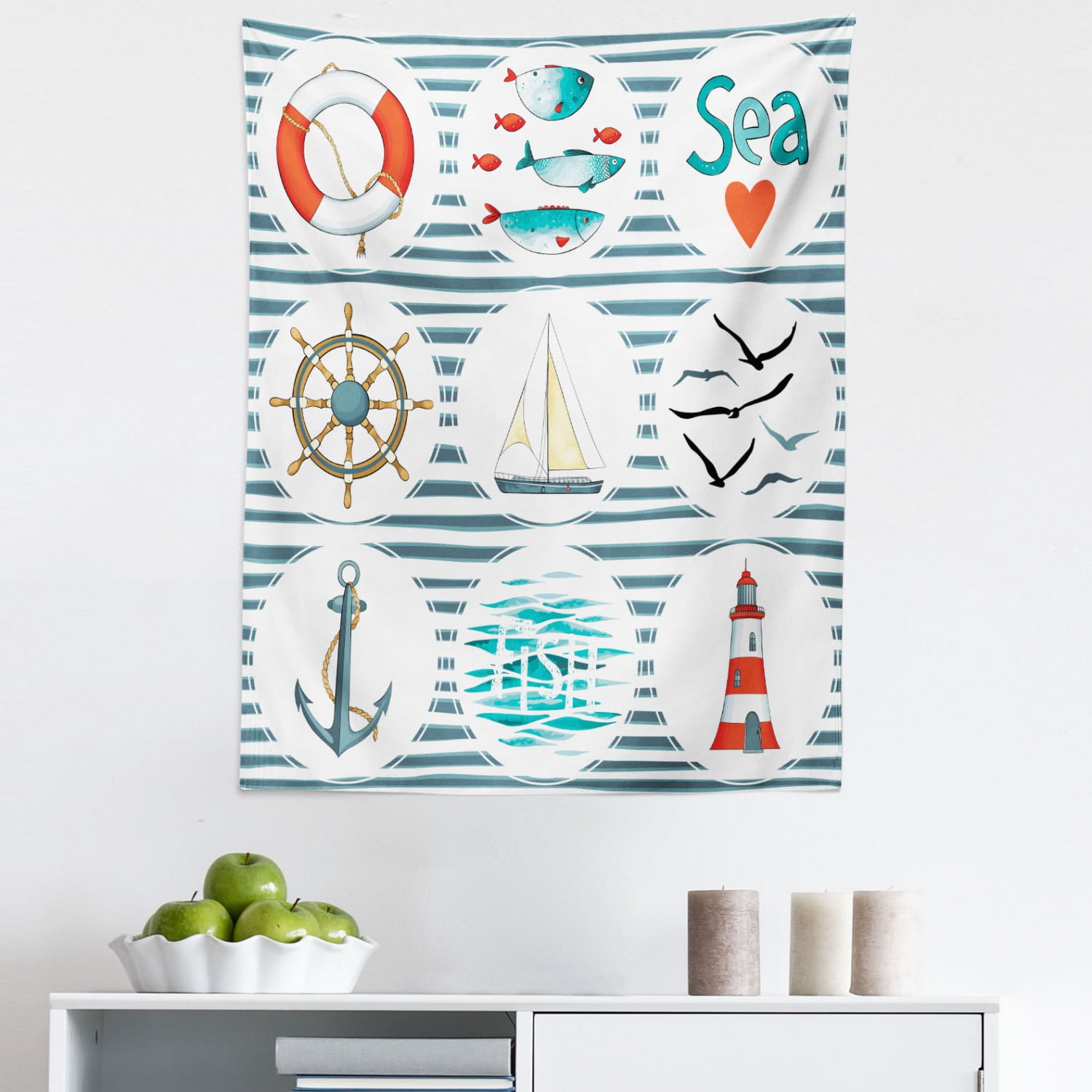 Nautical Tapestry, Sea Set Fishes Life Gulls Lighthouse Marine Inspired ...