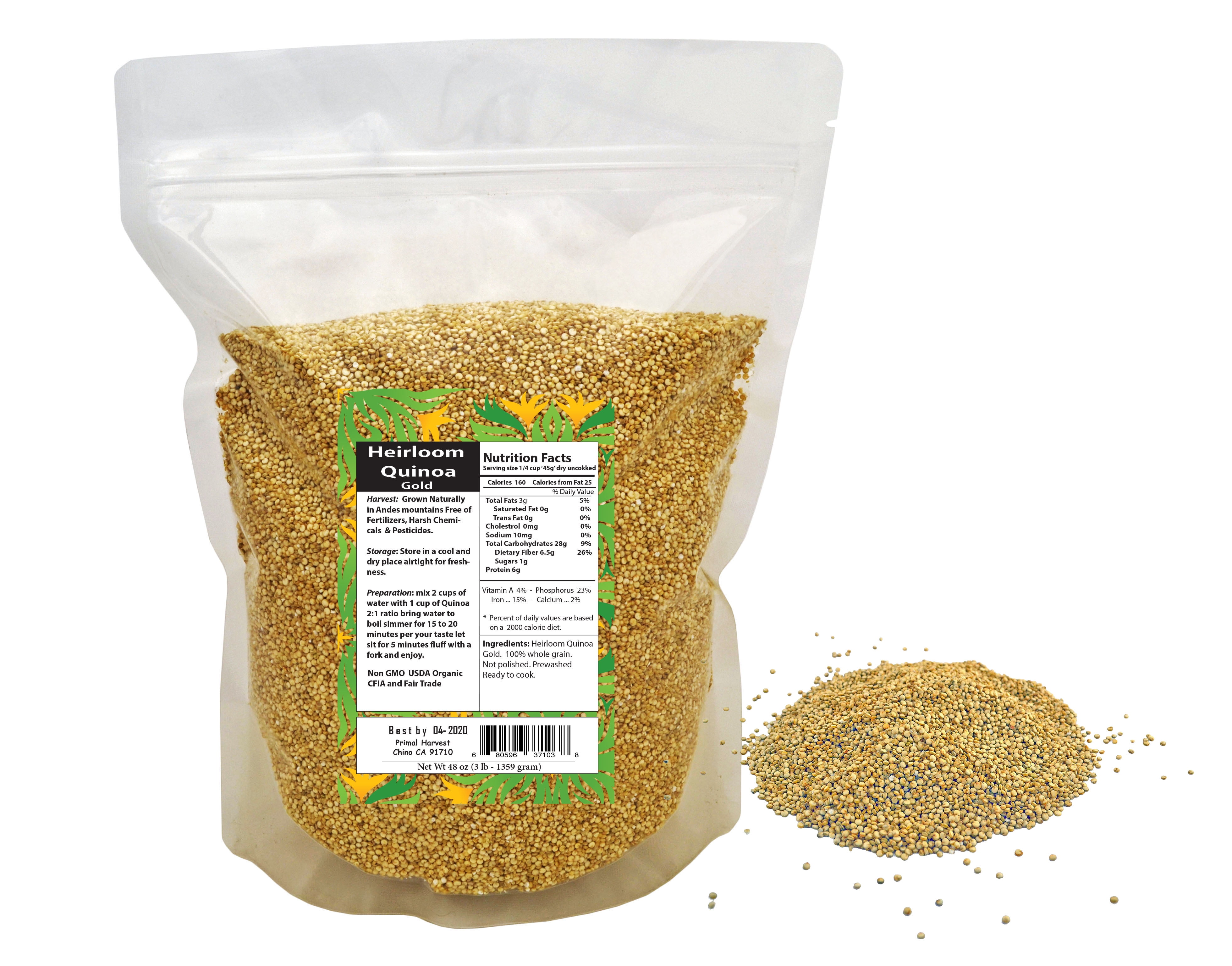 Heirloom Quinoa Gold 100% Whole Grain Organic Pre Washed Ready to Cook ...