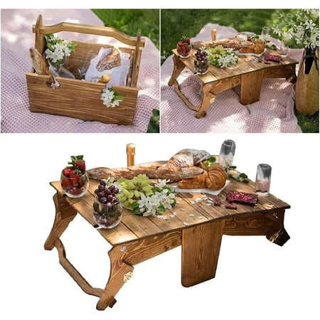 Wooden Folding Picnic Table Folding Basket，2-in-1 Basket Outdoor Wine ...
