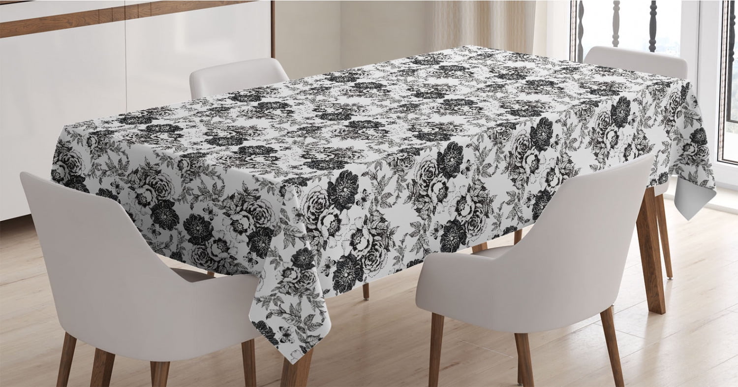 Floral Tablecloth, Repeating Gloomy Greyscale Tone Plants Branches ...