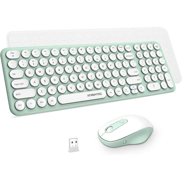 Wireless Keyboard and Mouse, Compact Full Size Cute Keyboard Retro ...