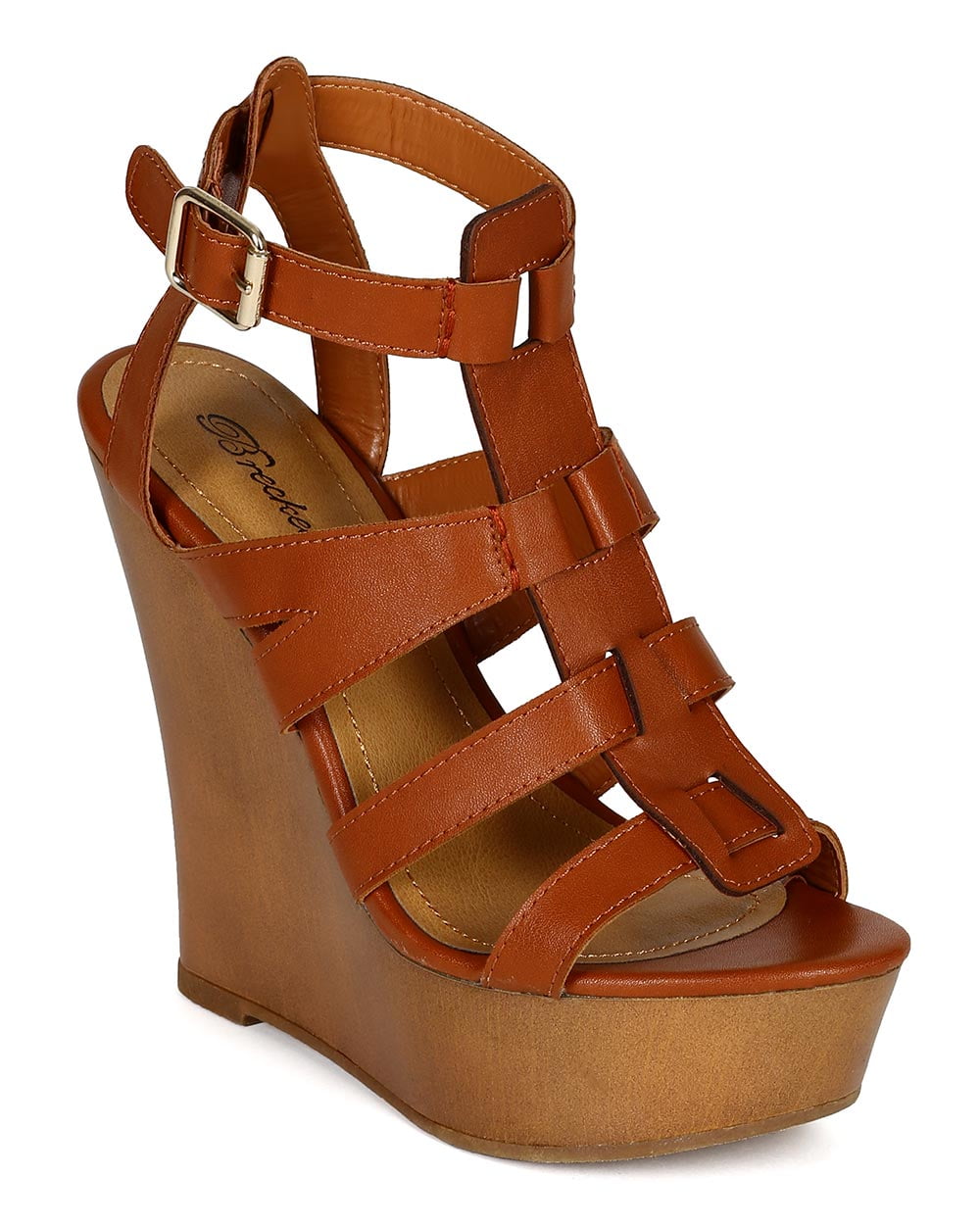 Breckelles CK61 Women Leatherette Open Toe Strappy Wooden Platform ...
