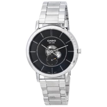 Casio Men's Standard Analog Moon Phase Watch with Stainless Steel Bracelet, Black Dial Quartz ...
