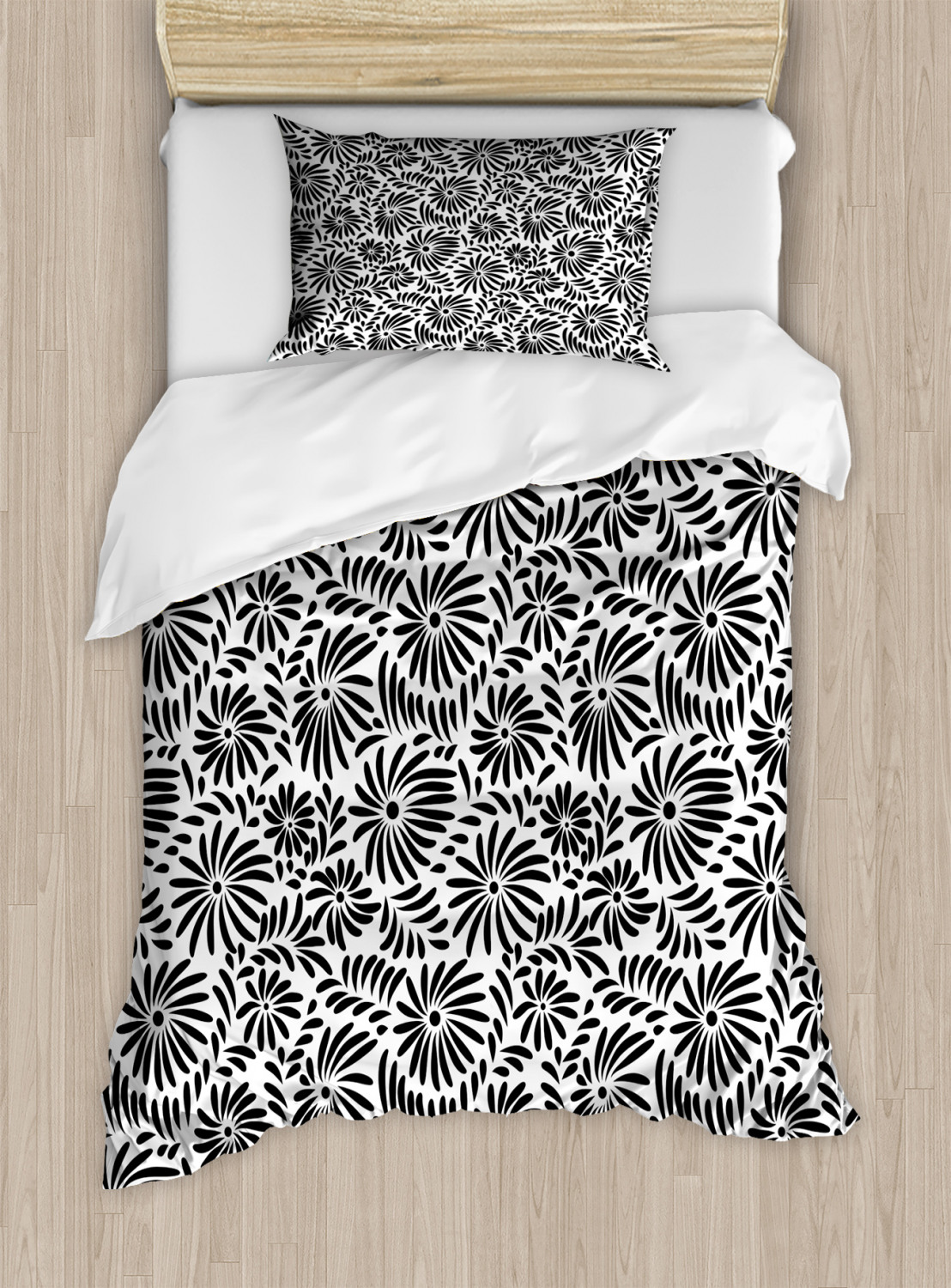 Black and White Twin Size Duvet Cover Set, Simple Floral Motifs ...