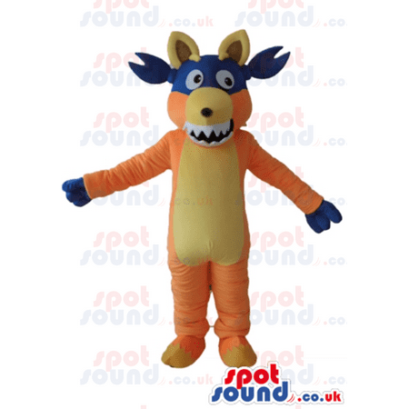 Orange fox with a yellow belly and ears wearing a blue mask over the ...
