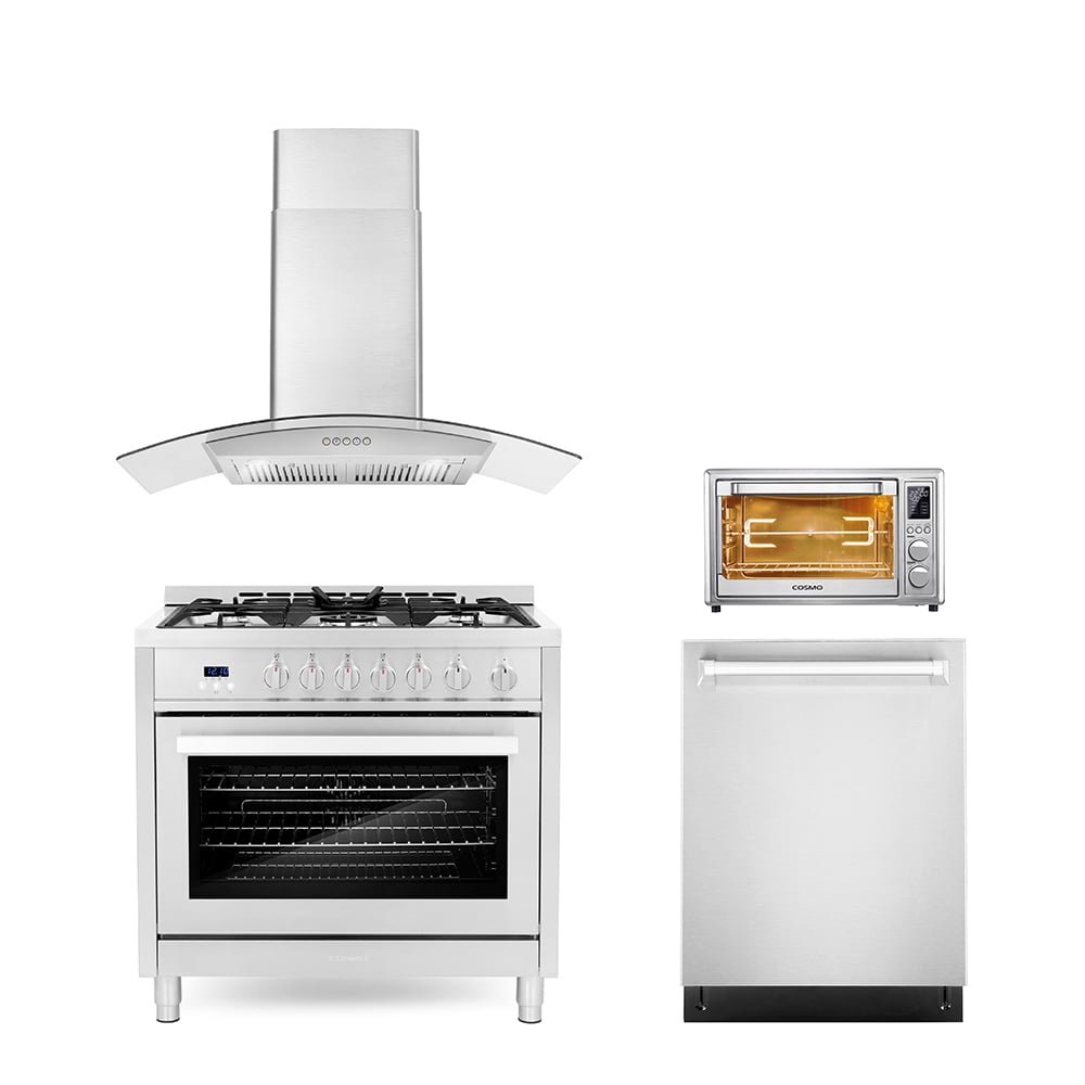 4 Piece Kitchen Package with 36" Freestanding Gas Range 36" Wall Mount ...