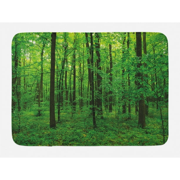 Nature Bath Mat, Green Forest Spring with Trees and Bushes Idyllic ...
