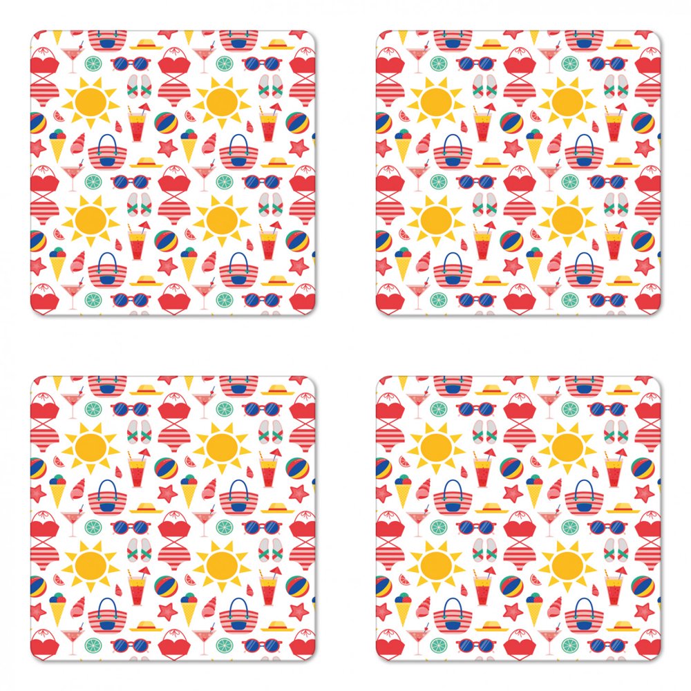 Summer Coaster Set of 4, Freshening Summer Time Beach Elements on a ...